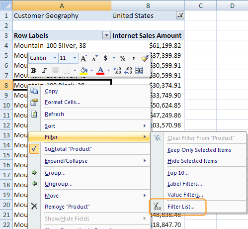 Filter List | OLAP PivotTable Extensions